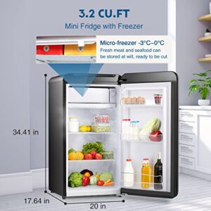 Havato 3.2 Cu. Ft Adjustable Thermostat Control Small refrigerator, Compact Mini Fridge with Freezer, Retro Recessed Handles mini refrigerator for Bedroom, Dorm, Office, RV, (Black)