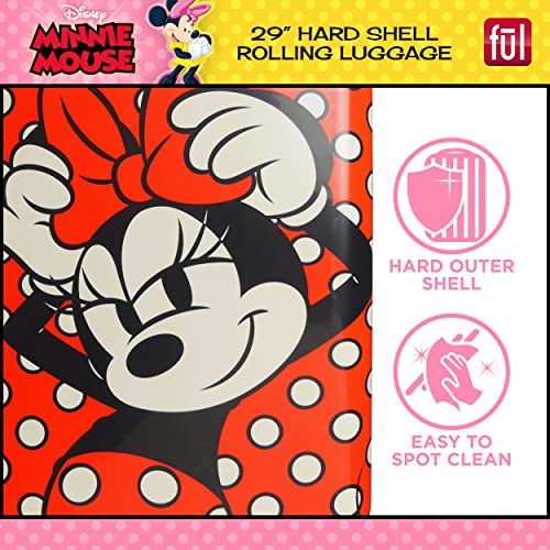 FUL Disney Minnie Mouse 29 Inch Rolling Luggage, Polka Dot Printed Hardshell Suitcase with Wheels, Red