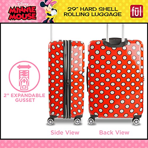 FUL Disney Minnie Mouse 29 Inch Rolling Luggage, Polka Dot Printed Hardshell Suitcase with Wheels, Red