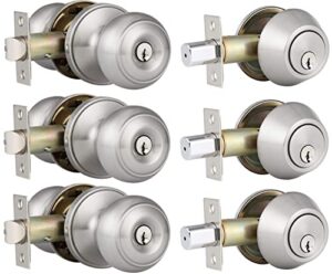 home improvement direct 3 pack keyed alike deadbolt and door knob set, satin nickel door lock combo set with deadbolt for front door