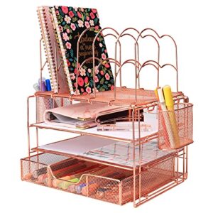 desk organizers and accessories, 4 tier desk organizers with 5 upright sections, 2 pen holders and drawer, desk accessories & workspace organizers, for school home office supplies organizer, rose gold