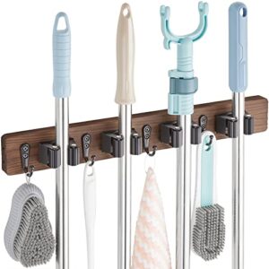 outnili mop broom holder wall mount wood broom mop hanger - wall mounted garden tool rack organizer for closet garage laundry room kitchen decor with 4 slots & 4 hooks