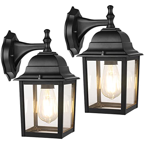 FOLKSMATE Outdoor Wall Light Fixture, Exterior Waterproof Wall Lantern, Wall Mounted Porch Lights with Glass Shade, E26 Socket, Black Outdoor Lights for Patio, Front Door, Garage, Entryway, 2-Pack