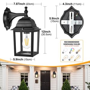 FOLKSMATE Outdoor Wall Light Fixture, Exterior Waterproof Wall Lantern, Wall Mounted Porch Lights with Glass Shade, E26 Socket, Black Outdoor Lights for Patio, Front Door, Garage, Entryway, 2-Pack