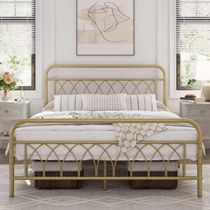 yaheetech queen bed frame metal platform bed with petal accented headboard/footboard/14.4 inch under bed storage/no box spring needed,antique gold