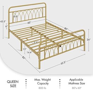 Yaheetech Queen Bed Frame Metal Platform Bed with Petal Accented Headboard/Footboard/14.4 Inch Under Bed Storage/No Box Spring Needed,Antique Gold