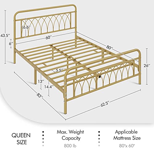 Yaheetech Queen Bed Frame Metal Platform Bed with Petal Accented Headboard/Footboard/14.4 Inch Under Bed Storage/No Box Spring Needed,Antique Gold