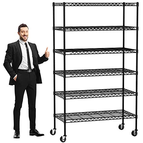 YYkokocat 6-Tier Wire Shelving Unit 2100Lb Capacity Adjustable Storage Shelves Heavy Duty Storage Rack with Wheels NSF Metal Shelf for Closet Kitchen Garage Basement, 82" H x 48" L x 18" D- Black