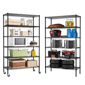 YYkokocat 6-Tier Wire Shelving Unit 2100Lb Capacity Adjustable Storage Shelves Heavy Duty Storage Rack with Wheels NSF Metal Shelf for Closet Kitchen Garage Basement, 82" H x 48" L x 18" D- Black