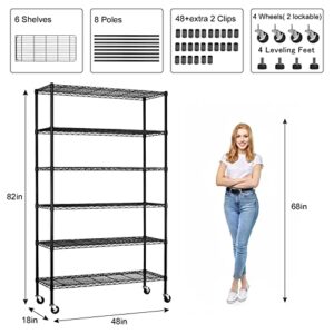 YYkokocat 6-Tier Wire Shelving Unit 2100Lb Capacity Adjustable Storage Shelves Heavy Duty Storage Rack with Wheels NSF Metal Shelf for Closet Kitchen Garage Basement, 82" H x 48" L x 18" D- Black