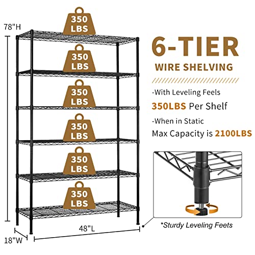 YYkokocat 6-Tier Wire Shelving Unit 2100Lb Capacity Adjustable Storage Shelves Heavy Duty Storage Rack with Wheels NSF Metal Shelf for Closet Kitchen Garage Basement, 82" H x 48" L x 18" D- Black