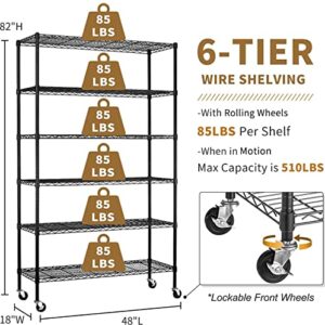 YYkokocat 6-Tier Wire Shelving Unit 2100Lb Capacity Adjustable Storage Shelves Heavy Duty Storage Rack with Wheels NSF Metal Shelf for Closet Kitchen Garage Basement, 82" H x 48" L x 18" D- Black