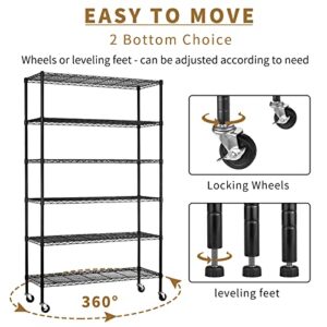 YYkokocat 6-Tier Wire Shelving Unit 2100Lb Capacity Adjustable Storage Shelves Heavy Duty Storage Rack with Wheels NSF Metal Shelf for Closet Kitchen Garage Basement, 82" H x 48" L x 18" D- Black