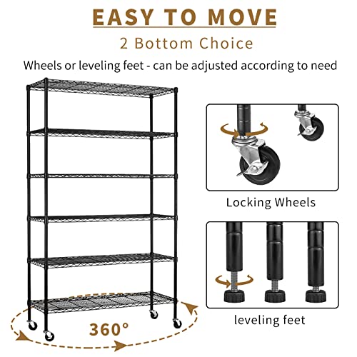 YYkokocat 6-Tier Wire Shelving Unit 2100Lb Capacity Adjustable Storage Shelves Heavy Duty Storage Rack with Wheels NSF Metal Shelf for Closet Kitchen Garage Basement, 82" H x 48" L x 18" D- Black