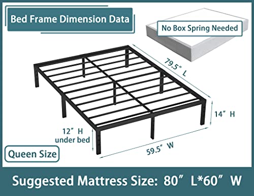 Rooflare Queen Bed Frame 14 Inch High 9 Legs Max 3500lbs Heavy Duty Sturdy Metal Steel Queen Size Platform No Box Spring Needed Black Easy to Assemble-Black