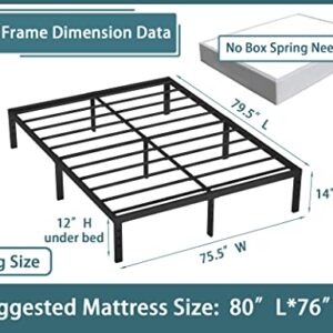 Rooflare King Bed Frame 14 Inch High 9 Legs Max 3500lbs Heavy Duty Sturdy Metal Steel King Size Platform No Box Spring Needed Black Easy to Assemble-Black