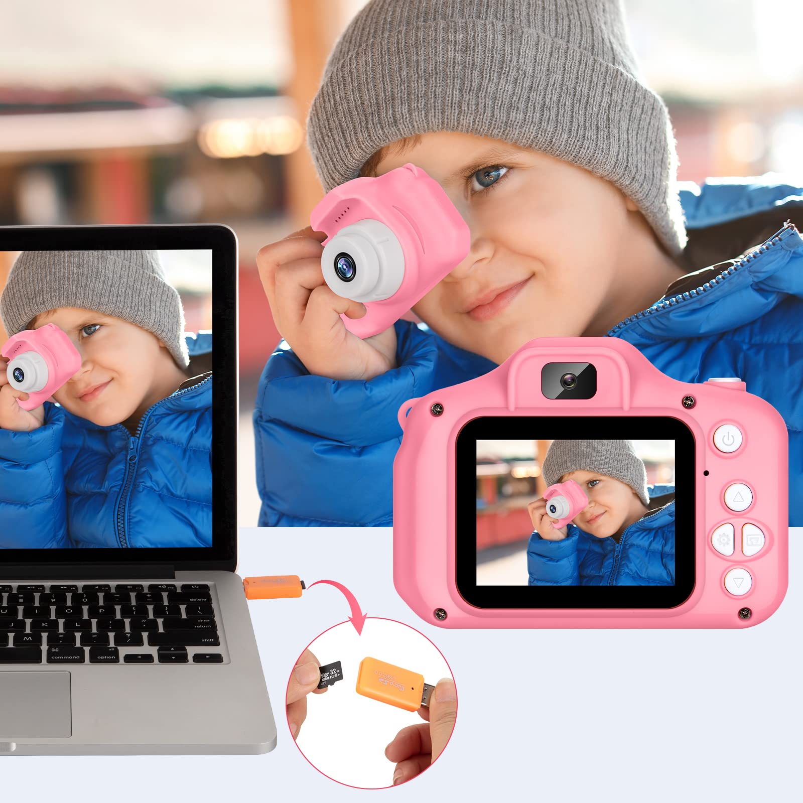 Kids Camera for Boys and Girls, SINEAU Digital Camera for Kids Toy Gift, Toddler Camera Christmas Birthday Gifts for Age 3-12 with 32GB SD Card, Video Recorder 1080P IPS 2 Inch(Pink)