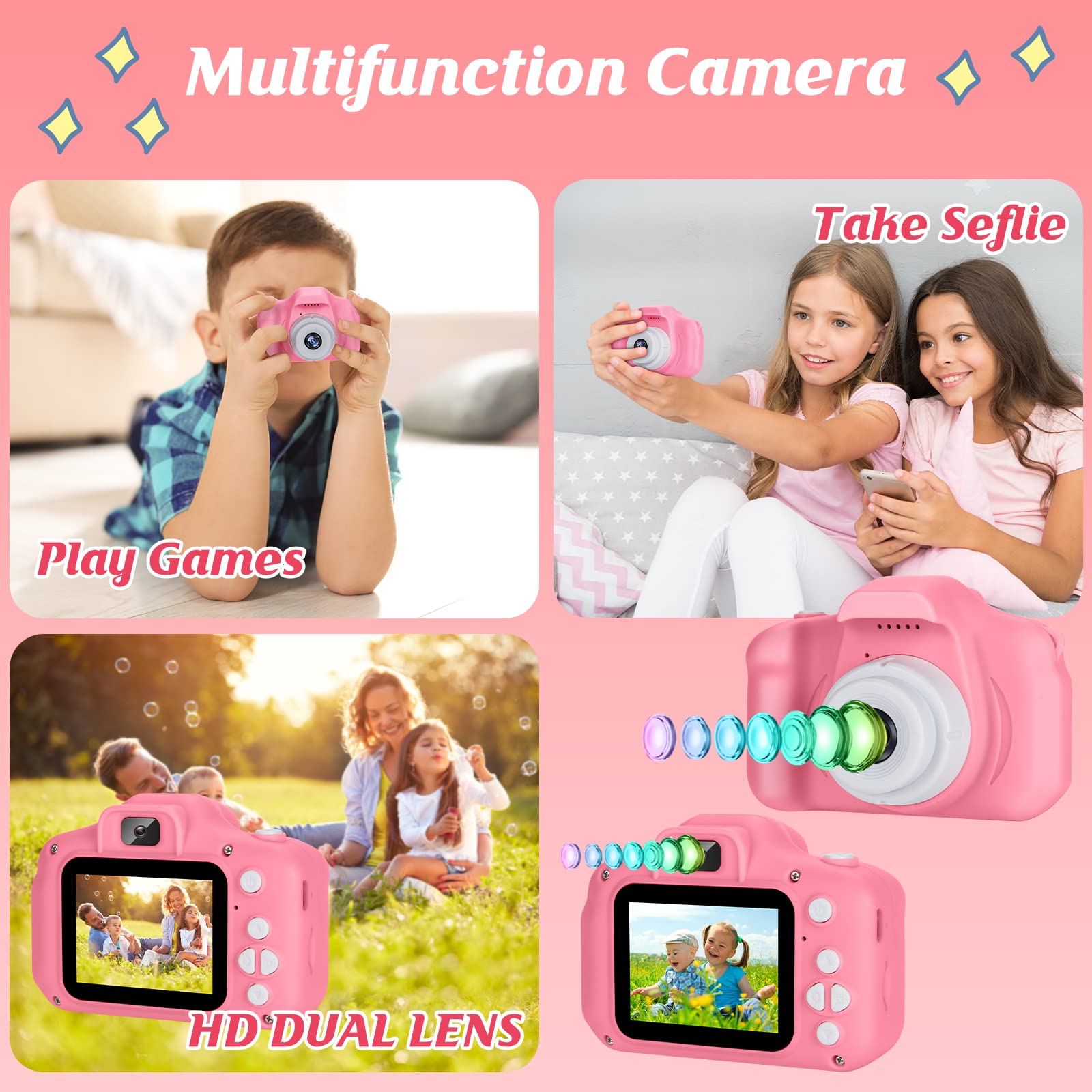 Kids Camera for Boys and Girls, SINEAU Digital Camera for Kids Toy Gift, Toddler Camera Christmas Birthday Gifts for Age 3-12 with 32GB SD Card, Video Recorder 1080P IPS 2 Inch(Pink)