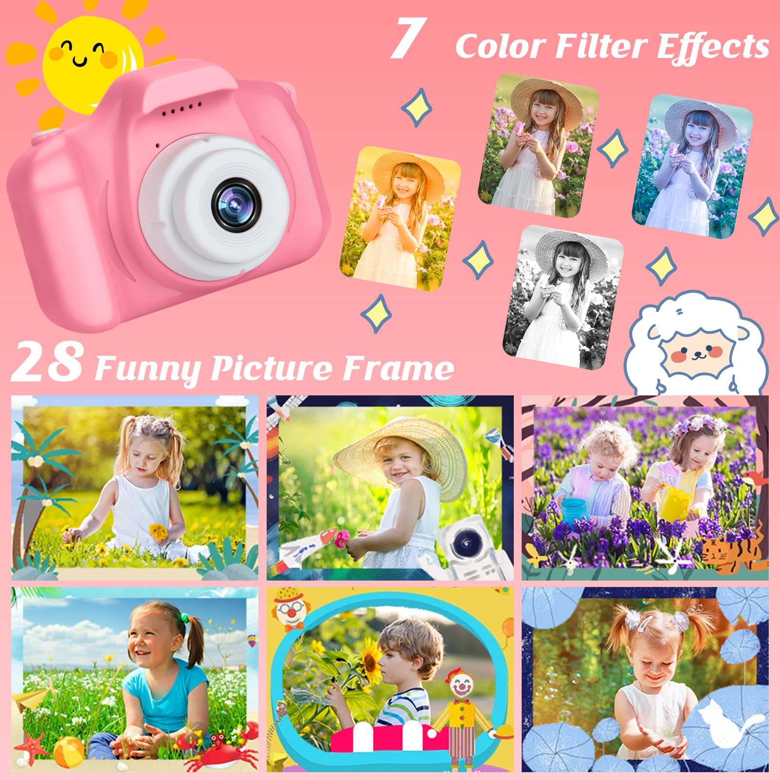 Kids Camera for Boys and Girls, SINEAU Digital Camera for Kids Toy Gift, Toddler Camera Christmas Birthday Gifts for Age 3-12 with 32GB SD Card, Video Recorder 1080P IPS 2 Inch(Pink)