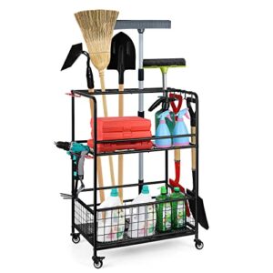 HEOMU Garden Tool Organizer for Garage, Garden Tool Rack Tool Organizers and Storage, Yard Tool Organizer for Garage, Shed, Outdoor, Garden Broom Holder, Black