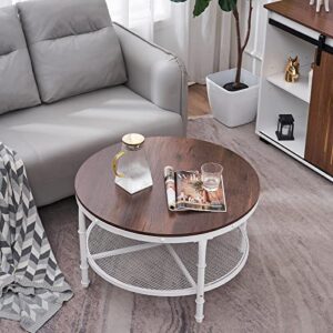 vingli 31.5" rustic oak white round farmhouse coffee table, 2-tier storage wood center circle accent table for living room, bedroom, apartment, studio and small spaces, sturdy metal frame