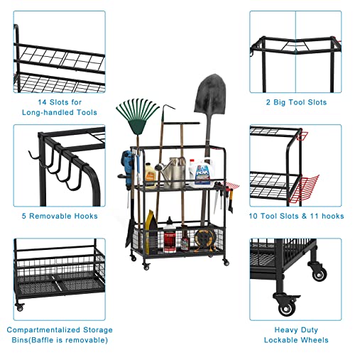 OUSHENG Garden Tool Organizer for Garage, 37"x26"x16" Yard Tool Racks with Wheels, Power Tool Oraganizer and Storage Holder for Garage Garden Yard Shed Indoor Outdoor, Gifts for men