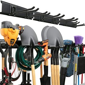 tidyme garage tool organizer wall mount - sturdy storage rack with adjustable hooks, anti-rust panel - easy installation, 300lbs capacity - garden tool organizer for garage with 3 rails and 6 hooks