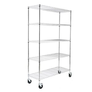 efine 5-tier chrome nsf certified storage shelves, heavy duty steel wire shelving unit with wheels and adjustable feet, used as pantry shelf, garage or bakers rack kitchen shelving - (18"x48"x72")