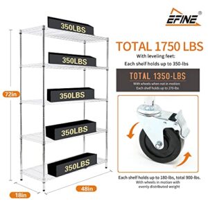 EFINE 5-Tier Chrome NSF Certified Storage Shelves, Heavy Duty Steel Wire Shelving Unit with Wheels and Adjustable Feet, Used as Pantry Shelf, Garage or Bakers Rack Kitchen Shelving - (18"x48"x72")