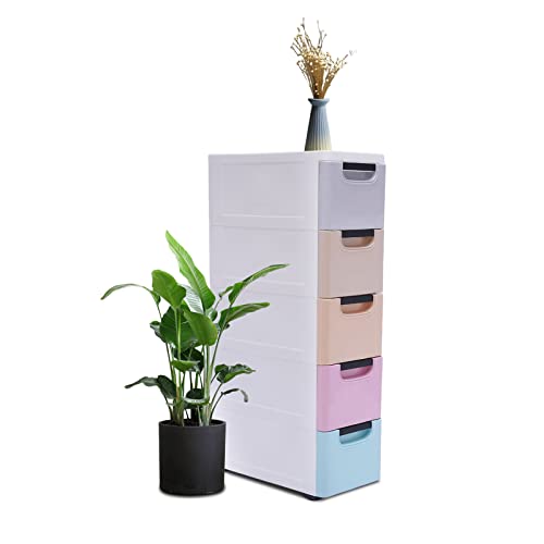 Narrow Plastic Drawers Dresser with 5 Drawers, 15.75 x 7.87 x 33.07inches Plastic Tower Closet Organizer with Wheels Suitable for Apartments Condos And Dorm Room, Gdrasuya10