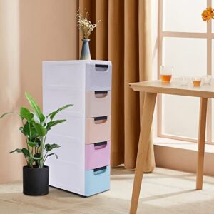 Narrow Plastic Drawers Dresser with 5 Drawers, 15.75 x 7.87 x 33.07inches Plastic Tower Closet Organizer with Wheels Suitable for Apartments Condos And Dorm Room, Gdrasuya10