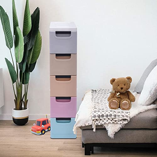 Narrow Plastic Drawers Dresser with 5 Drawers, 15.75 x 7.87 x 33.07inches Plastic Tower Closet Organizer with Wheels Suitable for Apartments Condos And Dorm Room, Gdrasuya10