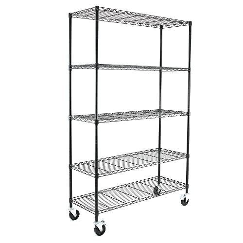 EFINE 5-Tier NSF Certified Storage Shelves, Heavy Duty Steel Wire Shelving Unit with Wheels and Adjustable Feet, Used as Pantry Shelf, Garage or Bakers Rack Kitchen Shelving - (18"x48"x72" Black)