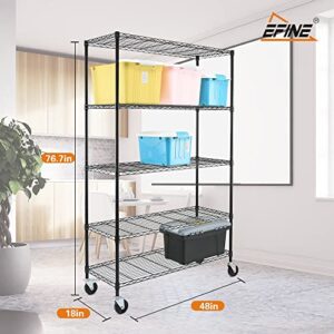 EFINE 5-Tier NSF Certified Storage Shelves, Heavy Duty Steel Wire Shelving Unit with Wheels and Adjustable Feet, Used as Pantry Shelf, Garage or Bakers Rack Kitchen Shelving - (18"x48"x72" Black)