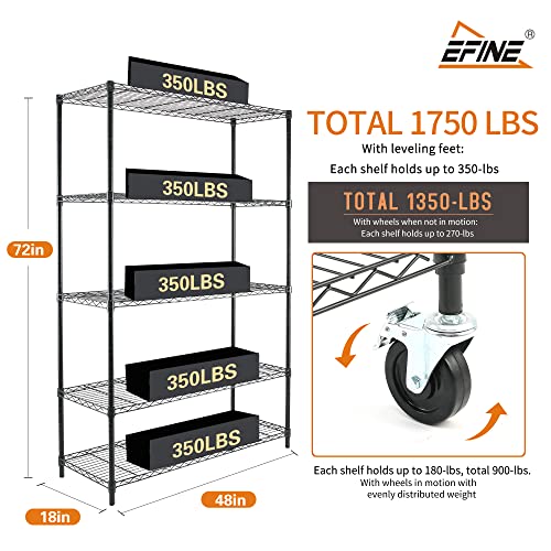 EFINE 5-Tier NSF Certified Storage Shelves, Heavy Duty Steel Wire Shelving Unit with Wheels and Adjustable Feet, Used as Pantry Shelf, Garage or Bakers Rack Kitchen Shelving - (18"x48"x72" Black)