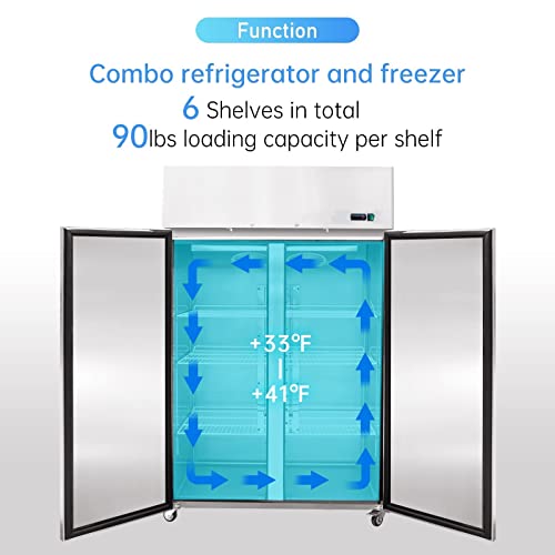 Aceland AR-48B NON-ETL 48'' W Commercial Refrigerator 2 door Stainless Reach in Solid door Upright Fan Cooling Cooler for Restaurant, Bar, Shop, Residential 36 Cu.ft, Silver