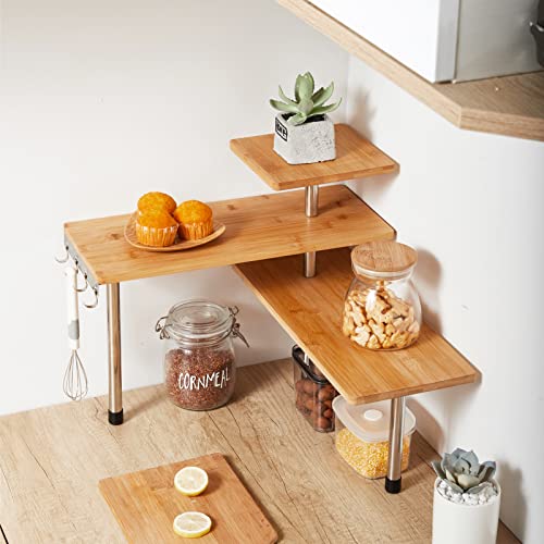 DRDINGRUI Kitchen Countertop Organizer Corner Shelves, 3 Tiers Bamboo Spice Rack, Makeup Organizer Shelves, Plant Display Shelf, Space Saving Desk Storage with Hooks