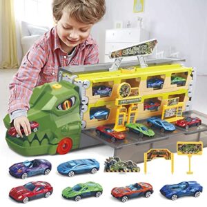 Dinosaur Cars Toys with 81.5inch Dino Track, Carrier Transport Dinosaur Truck with 6pcs Die-cast Cars Toys for Kids 3 4 5 6, Parking Lot Garage Kids Toys for Boys 3-5 5-7 Years Old Gift