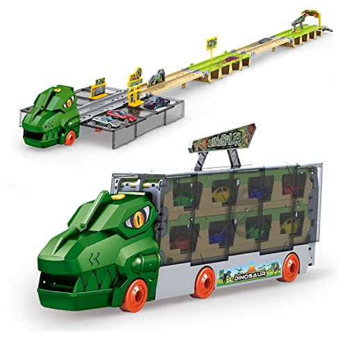 Dinosaur Cars Toys with 81.5inch Dino Track, Carrier Transport Dinosaur Truck with 6pcs Die-cast Cars Toys for Kids 3 4 5 6, Parking Lot Garage Kids Toys for Boys 3-5 5-7 Years Old Gift