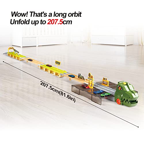 Dinosaur Cars Toys with 81.5inch Dino Track, Carrier Transport Dinosaur Truck with 6pcs Die-cast Cars Toys for Kids 3 4 5 6, Parking Lot Garage Kids Toys for Boys 3-5 5-7 Years Old Gift