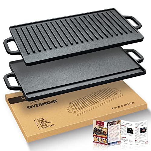 Overmont Pre-seasoned 17x9" Cast Iron Reversible Griddle Grill Pan with handles for Gas Stovetop Open Fire Oven, 1 tray