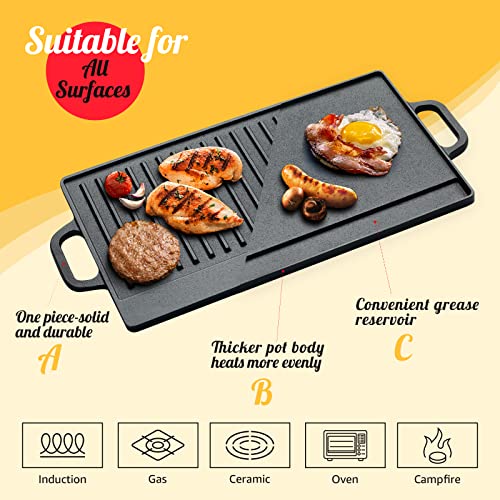 Overmont Pre-seasoned 17x9" Cast Iron Reversible Griddle Grill Pan with handles for Gas Stovetop Open Fire Oven, 1 tray