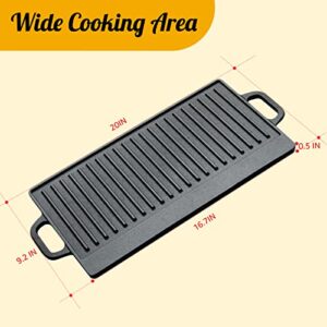 Overmont Pre-seasoned 17x9" Cast Iron Reversible Griddle Grill Pan with handles for Gas Stovetop Open Fire Oven, 1 tray