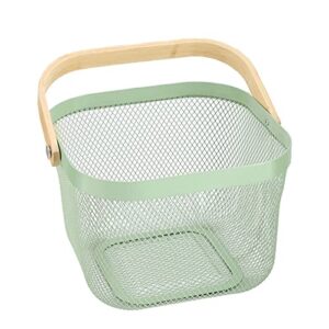 hojkma mesh steel storage organizer basket, multi-functional metal wire hanging kitchen baskets fruit basket with bamboo handle ideal for kitchen, bathroom, pantry, cabinet home, shopping, green