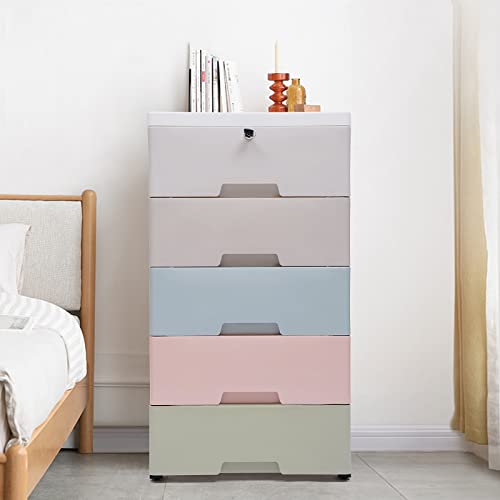 LOYALHEARTDY Plastic Drawers Dresser, 5 Drawers Dressers Chests with Wheels, Storage Closet Cabinet with Lock Clothes Toys Snacks Organizer for Bedroom, Living Room, Playroom