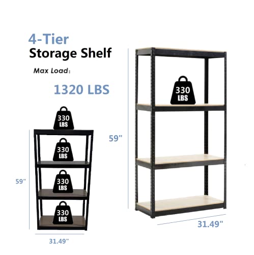 4 Tier Metal Shelving Unit Adjustable Garage Storage Utility Rack Heavy Duty Shelves Organization Multipurpose Shelf Warehouse Basement Kitchen Living Room Pantry - 31.49" x 14.47" x 59” Black