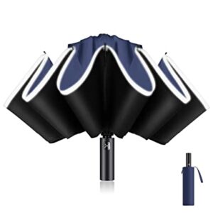 XIXVON Umbrella Pro (10 Ribs, Blue) | UPF 50+ 99% UV Protection, Reflective Safety Strip, Sturdy Windproof, Travel Portable, Automatic | Reverse Folding Umbrella