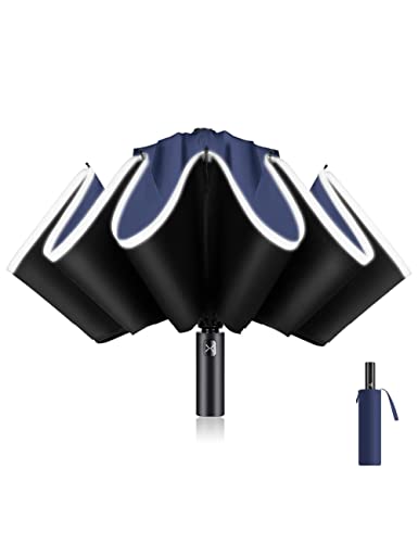 XIXVON Umbrella Pro (10 Ribs, Blue) | UPF 50+ 99% UV Protection, Reflective Safety Strip, Sturdy Windproof, Travel Portable, Automatic | Reverse Folding Umbrella