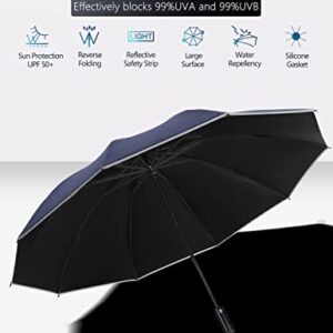 XIXVON Umbrella Pro (10 Ribs, Blue) | UPF 50+ 99% UV Protection, Reflective Safety Strip, Sturdy Windproof, Travel Portable, Automatic | Reverse Folding Umbrella