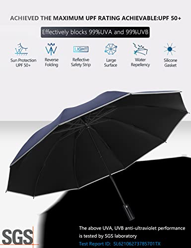 XIXVON Umbrella Pro (10 Ribs, Blue) | UPF 50+ 99% UV Protection, Reflective Safety Strip, Sturdy Windproof, Travel Portable, Automatic | Reverse Folding Umbrella